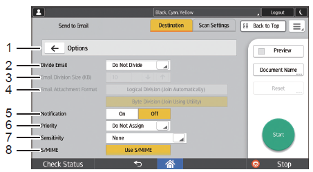 Send to Email Options screen layout