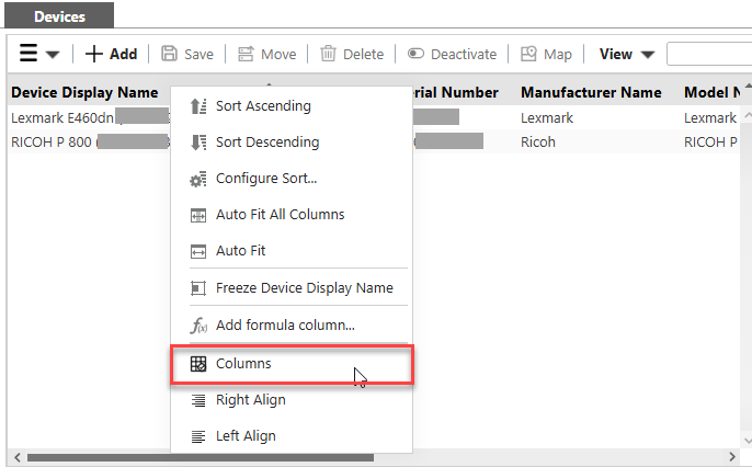 Modify the Device List Columns